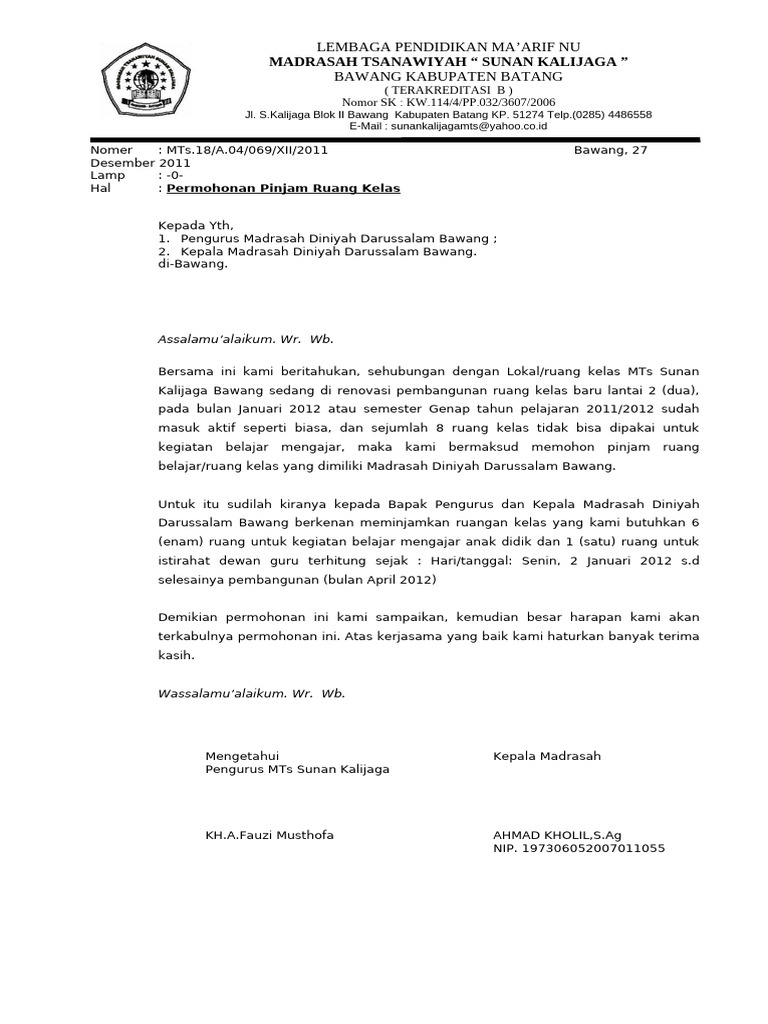 Permohonan Pinjam Ruang Kelas MTs Sunan Kalijaga | PDF