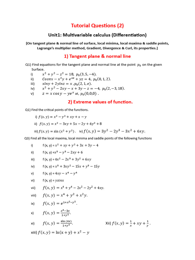 Assignment Questions of M2 on Lagranges Multiplier Method , Gradient divergencee , Curl and its ...