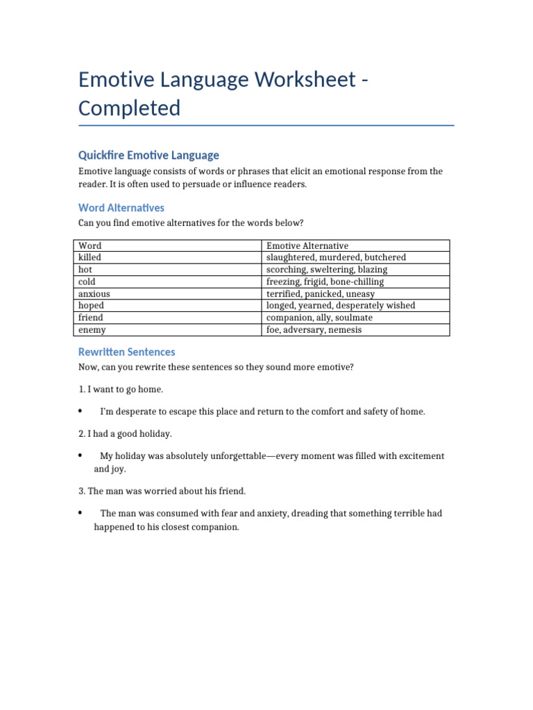 Emotive Language Worksheet Completed | PDF