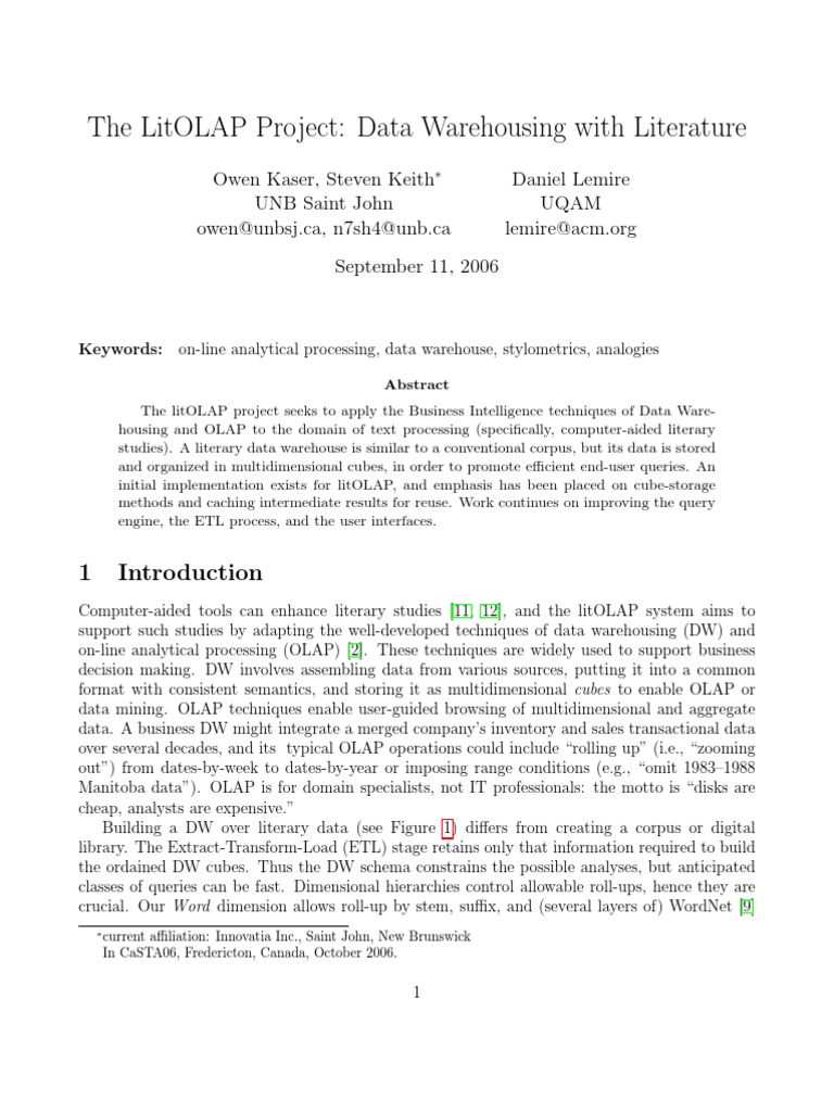 Owen Kaser, Daniel Lemire, and Steven Keith, The LitOLAP Project: Data ...