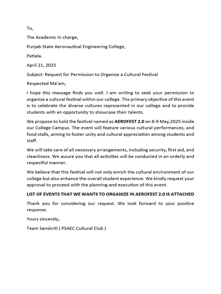 Appliation To Academic Incharge | PDF | Performing Arts | The Arts