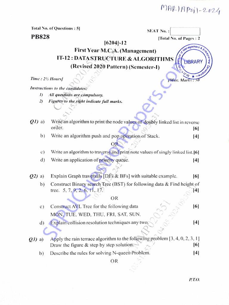 Postgraduate PG - Master Computer Applications Mca - Semester 1 - 2024 - May - Data Structures ...