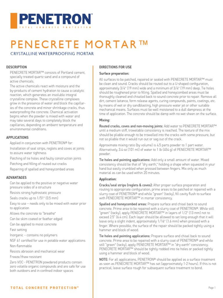 PENECRETE MORTAR™ Application Guide | PDF | Concrete | Water