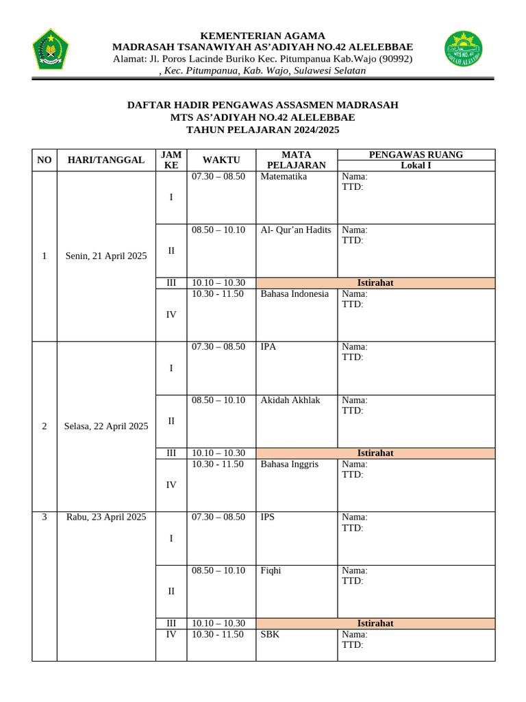 Daftar Hadir Pengawas | PDF