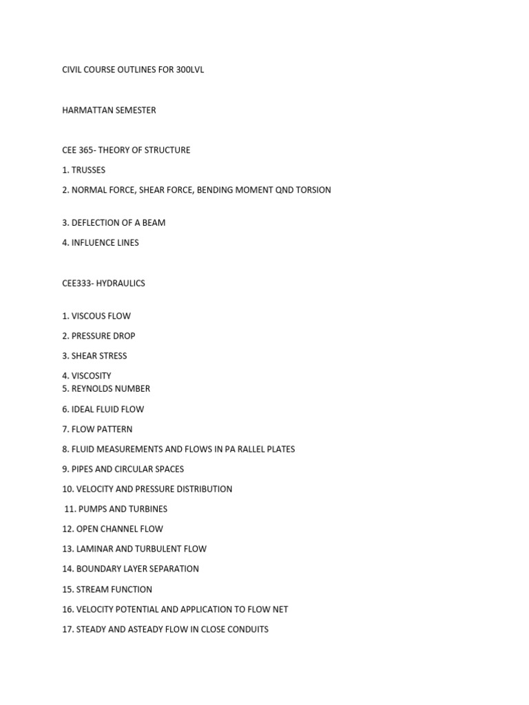 Civil Course Outlines For 300lvl | PDF | Fluid Dynamics | Stress ...