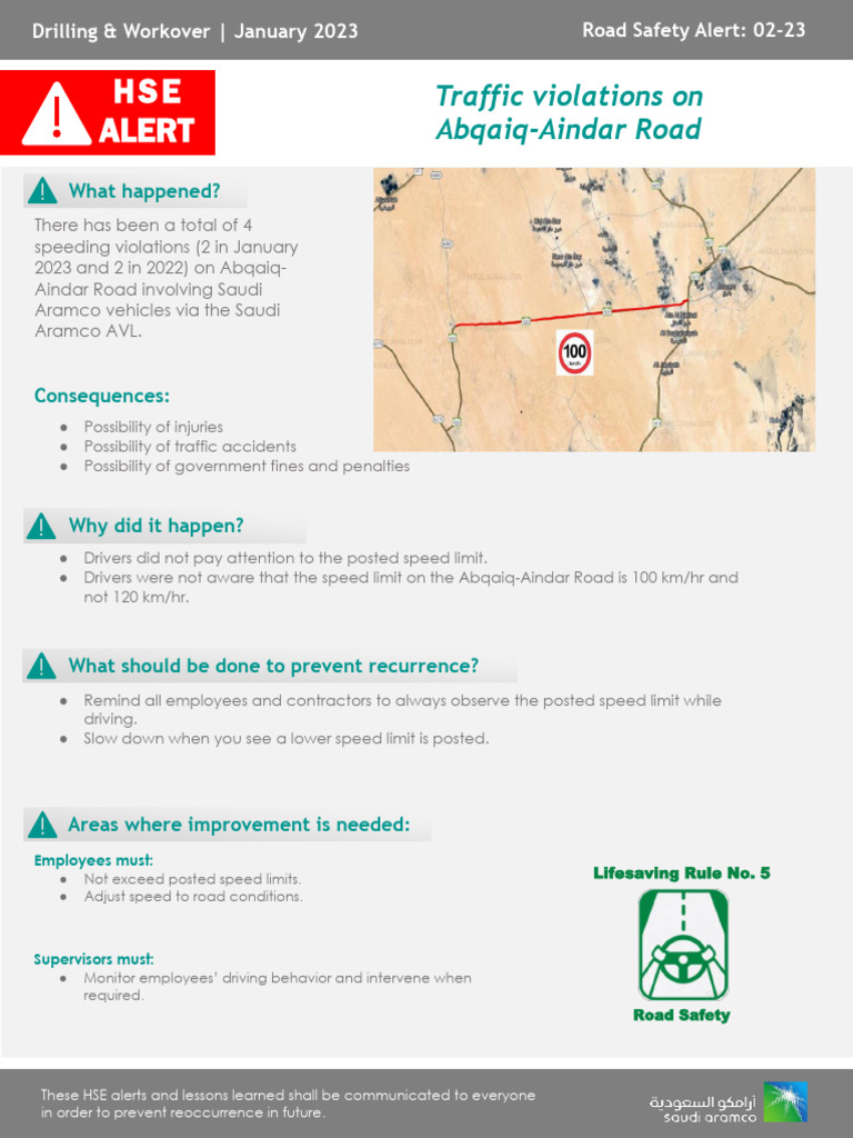 Road Safety Alert 02-23 - Traffic Violations On Abqaiq-Aindar Road | PDF