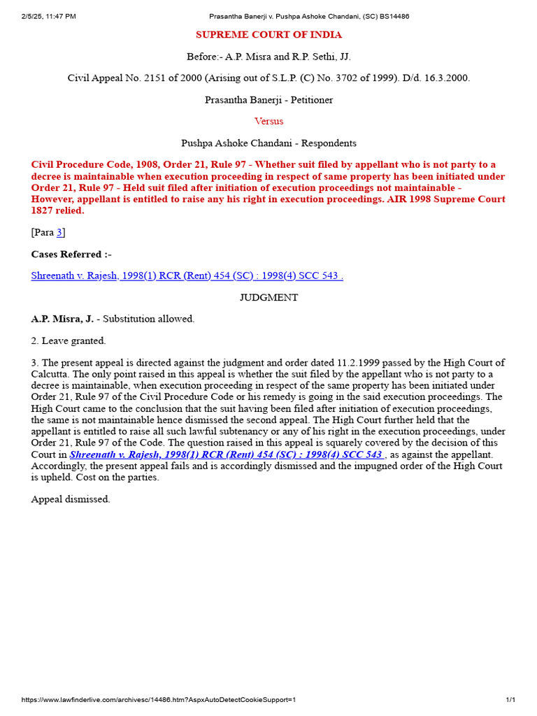 Prasantha Banerji v. Pushpa Ashoke Chandani, (SC) BS14486 | PDF ...
