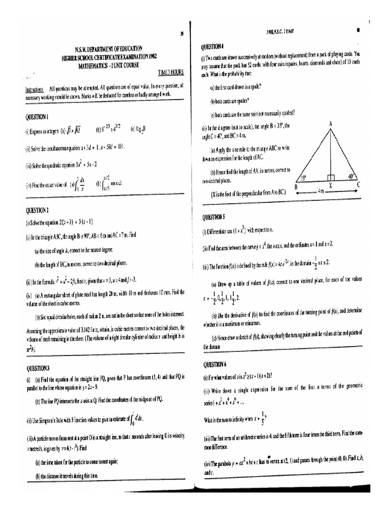 Maths 2U 1982 HSC | PDF