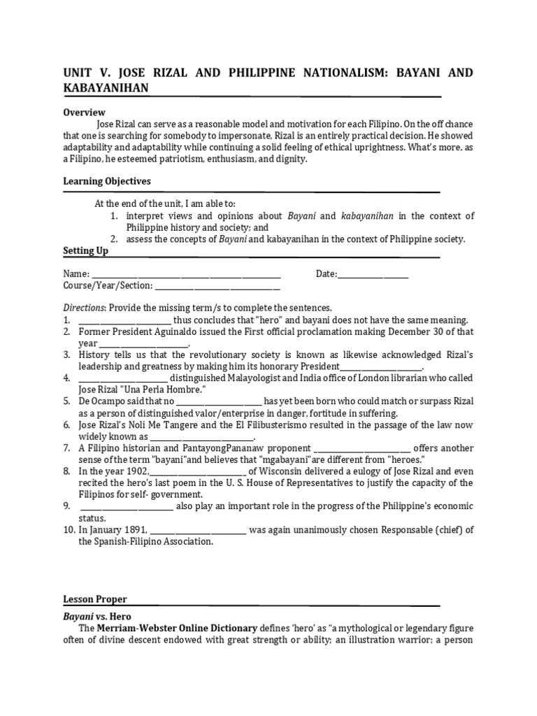 UNIT V Bayani and Kabayanihan | PDF | Philippines