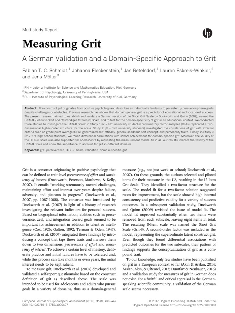 Schmidt Et Al 2017 Measuring Grit | PDF | Grit (Personality Trait ...