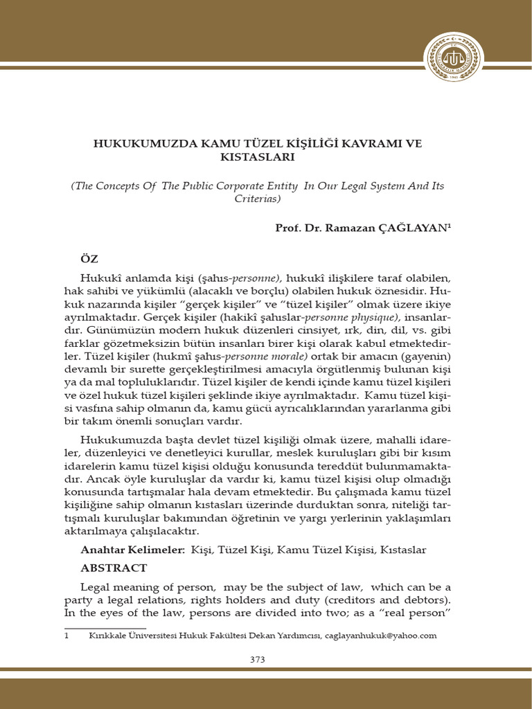 Hukukumuzda Kamu Tüzel Kişiliği Kavrami Ve Kistaslari | PDF