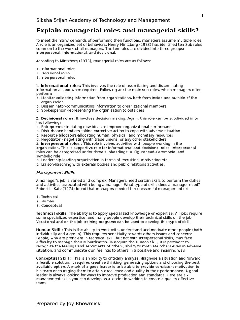 Managerial Roles and Skills Explained | PDF | Leadership | Skill