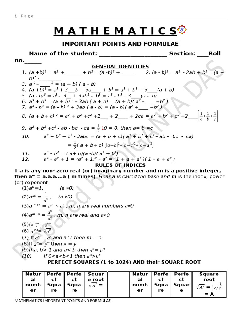 Essential Mathematics Formulas and Concepts | PDF | Factorization | Mathematical Analysis