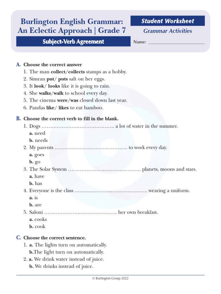 Grade 7 Subject-Verb Agreement Worksheet | PDF