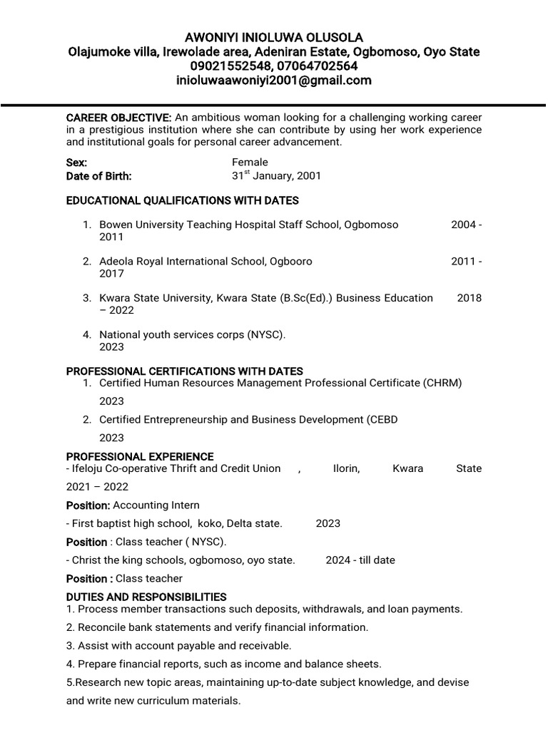Inioluwa Awoniyi's CV - 4 New | PDF