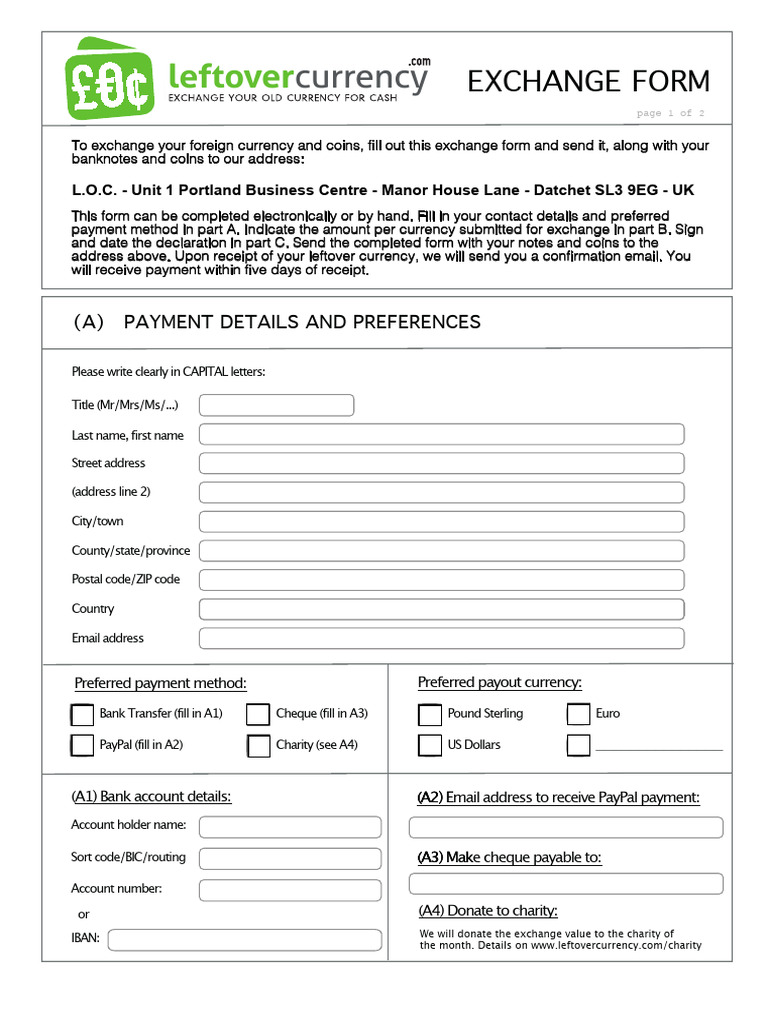 Exchange Form for Leftover Currency | PDF | International Finance ...