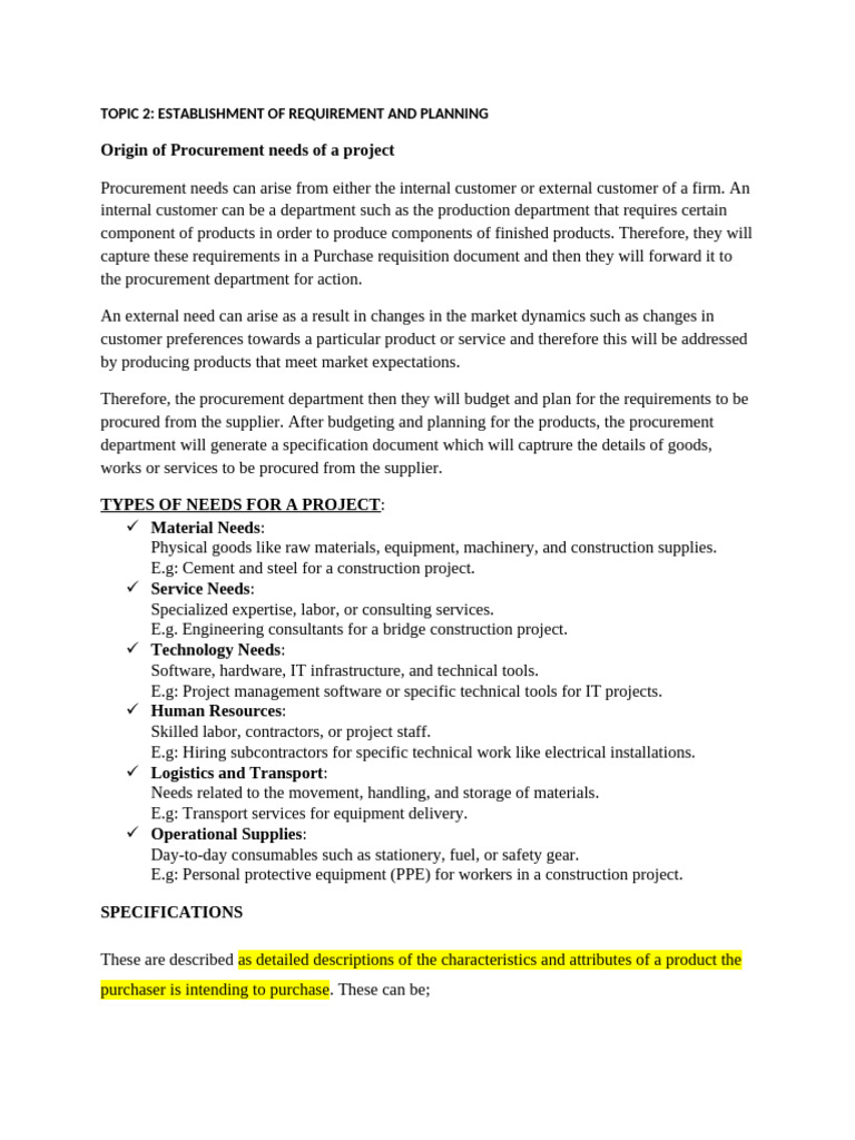 Topic 2 Establishment of Requirements and Planning | PDF | Procurement | Specification ...