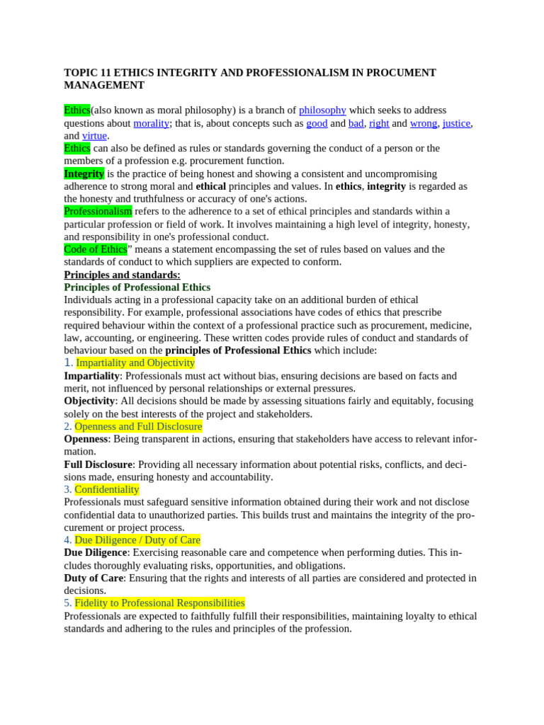 Topic 11 Ethics Integrity and Professionalism in Procurement | PDF | Conflict Of Interest ...