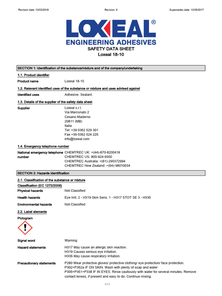 Loxeal 18-10 - SDS10177 - EN | PDF | Toxicity | Occupational Safety And Health