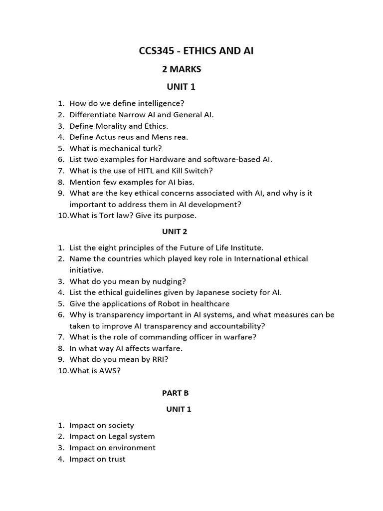 Ethics and AI - Question Bank For IA1 | PDF