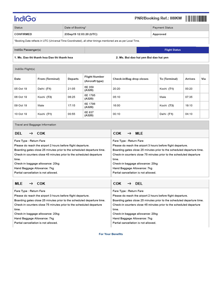 E-Ticket-DEL-MLE-DEL - 2 PAX | PDF | Airport | Airlines