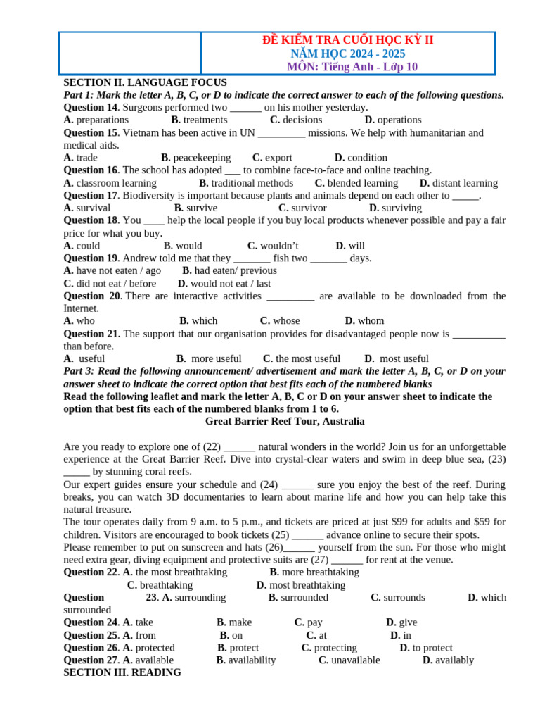 thuvienhoclieu.com-De-kiem-tra-cuoi-HK2-Tieng-Anh-10-Global-De-13 | PDF | Tourism | Climate Change