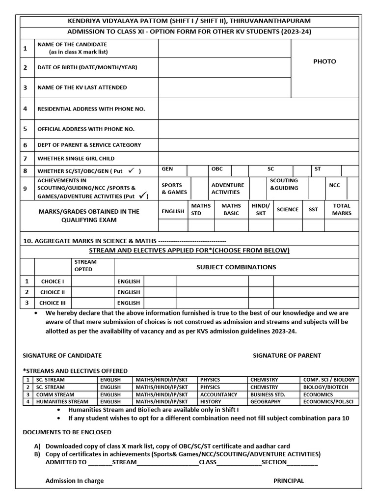 KV Pattom Class 11 Admission Form 2023-24 | PDF
