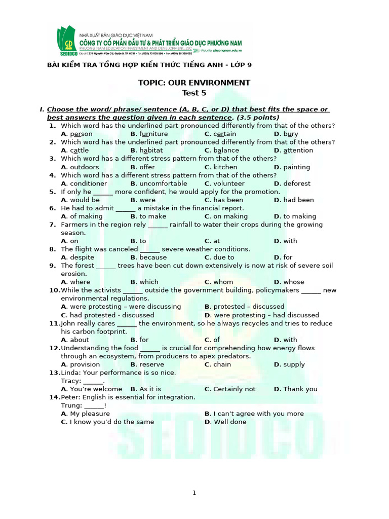 English Test on Our Environment | PDF | Conservation Biology | Earth ...