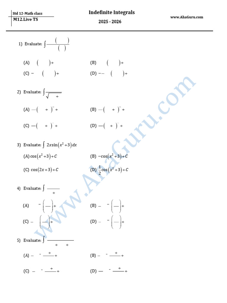 CLT003 12 Math Indefinite Integrals 10Q 17 April 2025 | PDF