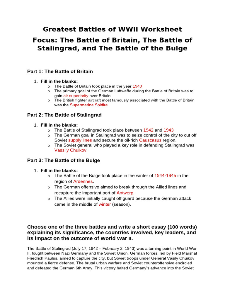 WWII Major Battles Worksheet | PDF
