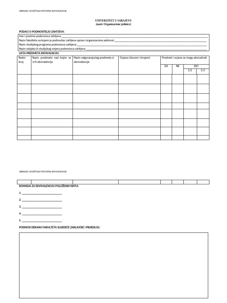 Prilog - Obrazac - Izvjestaj o Ekvivalenciji | PDF