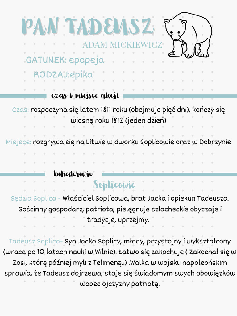 Pan Tadeusz - Adam Mickiewicz Lektura Notatka Klasa 8, Egzamin Ósmoklasisty | PDF