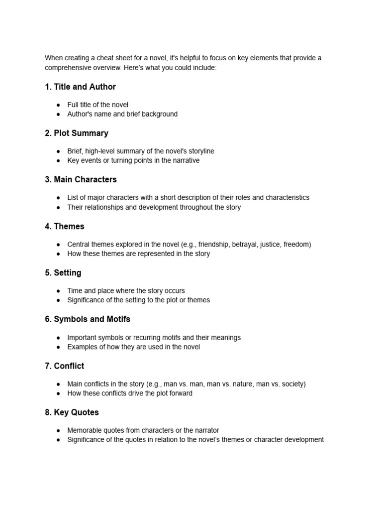 Novel Cheat Sheet Guide | PDF