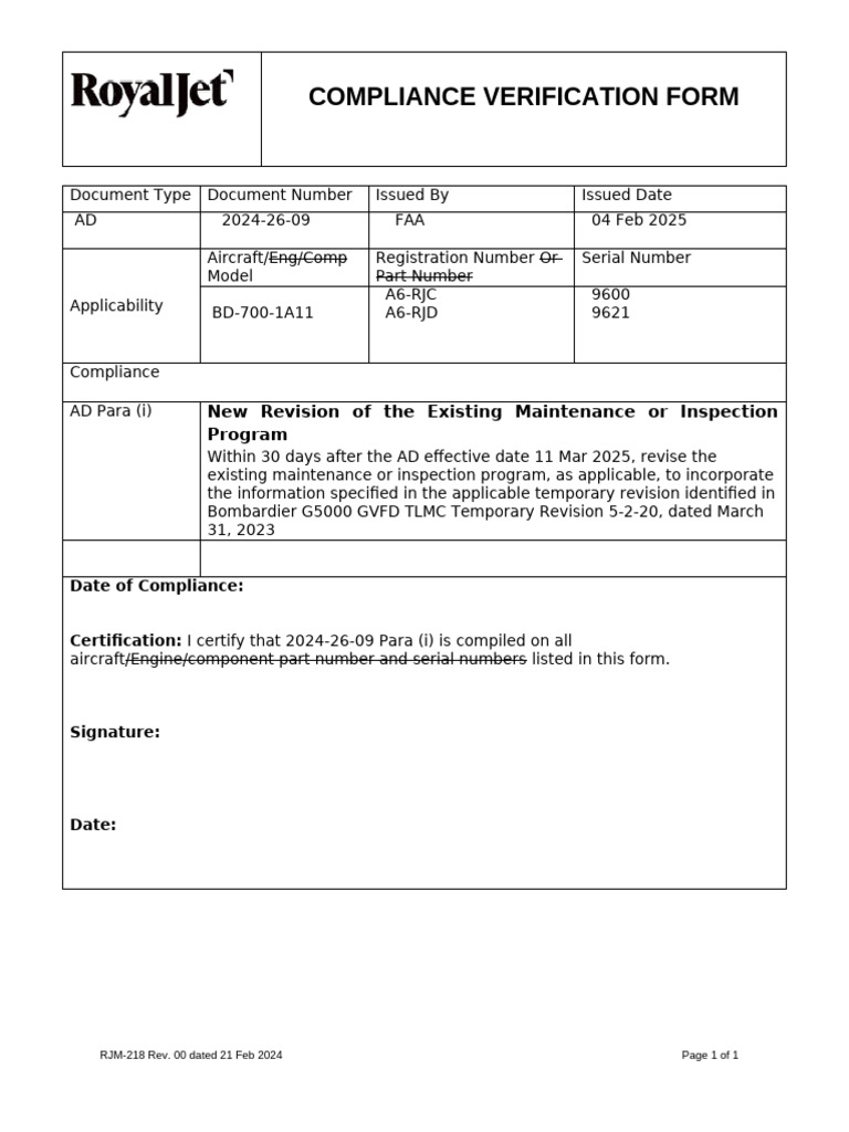 RJM-218 Compliance Verification Form Rev.0 - AD 2024-26-09 | PDF