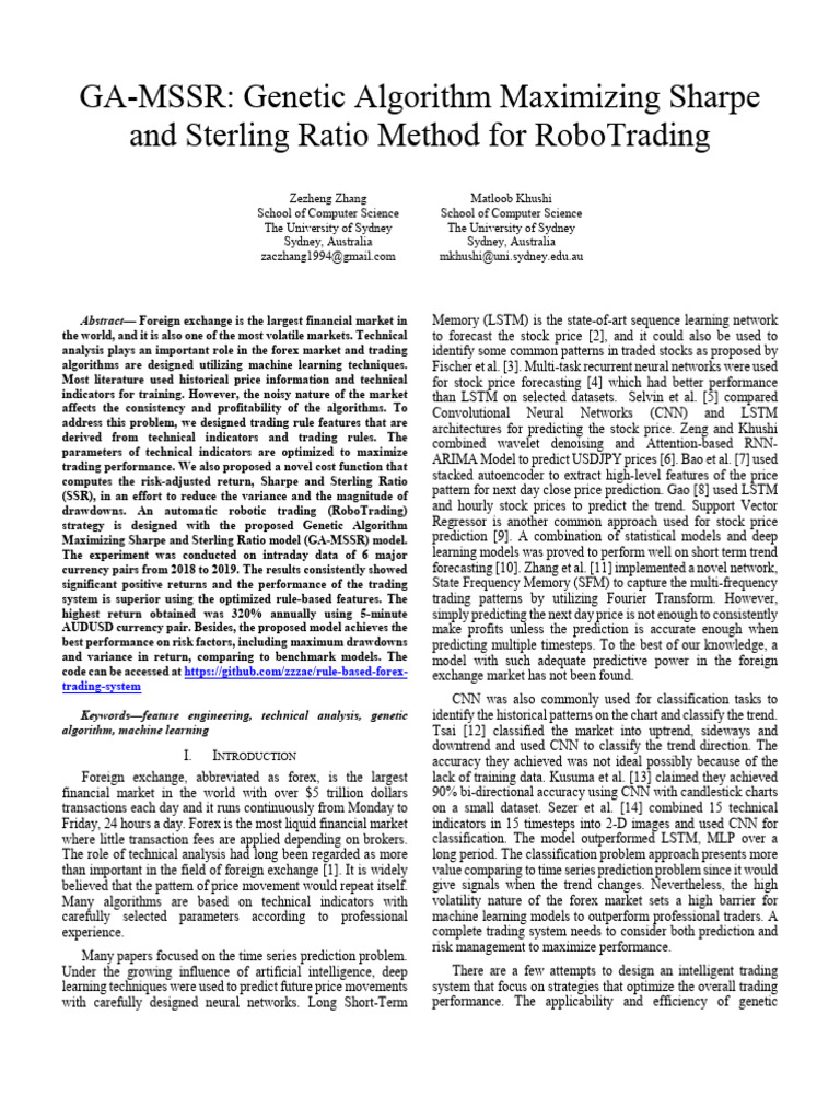 Ga-Mssr: Genetic Algorithm Maximizing Sharpe and Sterling Ratio Method For Robotrading | PDF ...