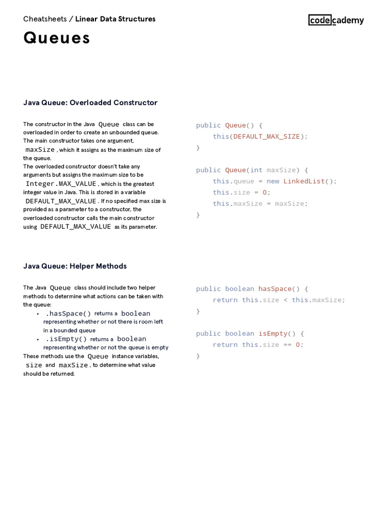Linear Data Structures_ Queues Cheatsheet _ Codecademy | PDF | Parameter (Computer Programming ...