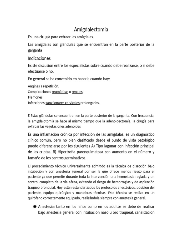 Indicaciones y cuidados en amigdalectomía | PDF | Anestesia | Cirugía