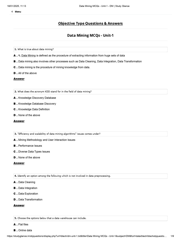 Data Mining MCQs - Unit-1 - DM - Study Glance | PDF | Data Mining | Databases