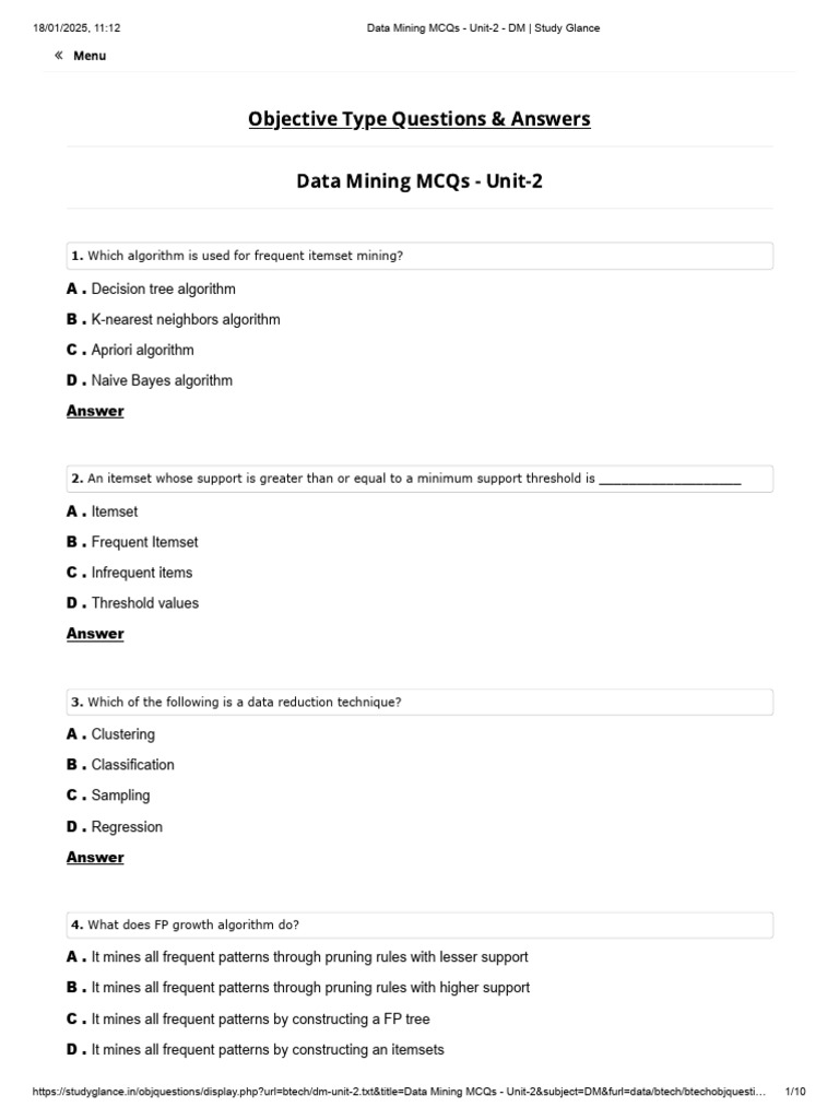 Data Mining MCQs - Unit-2 - DM _ Study Glance | PDF | Applied Mathematics | Computer Programming