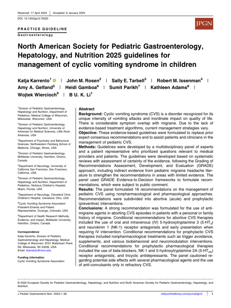 Vomitos Ciclicos 2025 Guidelines JPGN | PDF | Migraine | Headache