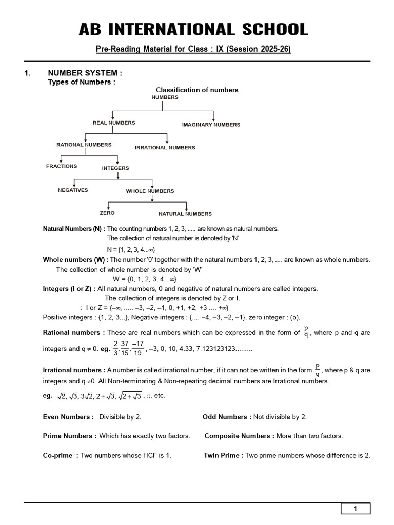 Pre-Reading Material Class 9 | PDF | Numbers | Integer