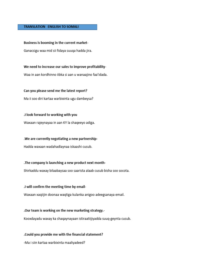 Translation English To Somali 22 | PDF | Market (Economics) | Business ...