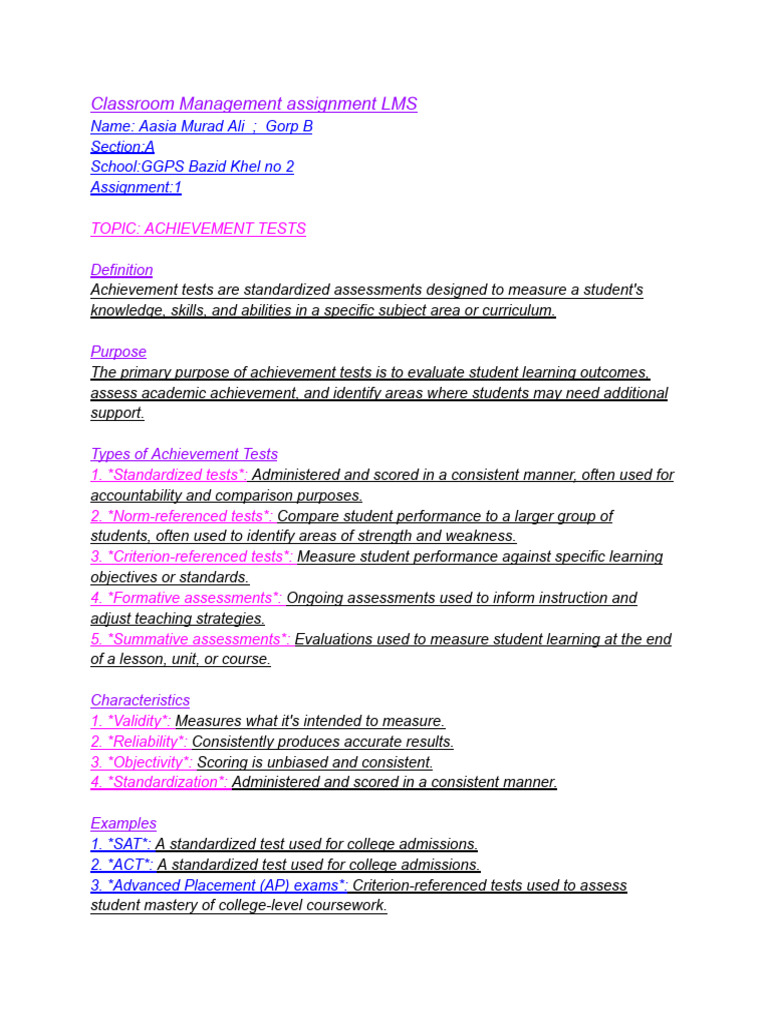 Classroom Management LMS Assignment (Aasia Murad Ali) Group-B - Section A - GGPS Bazid Khel No 2 ...