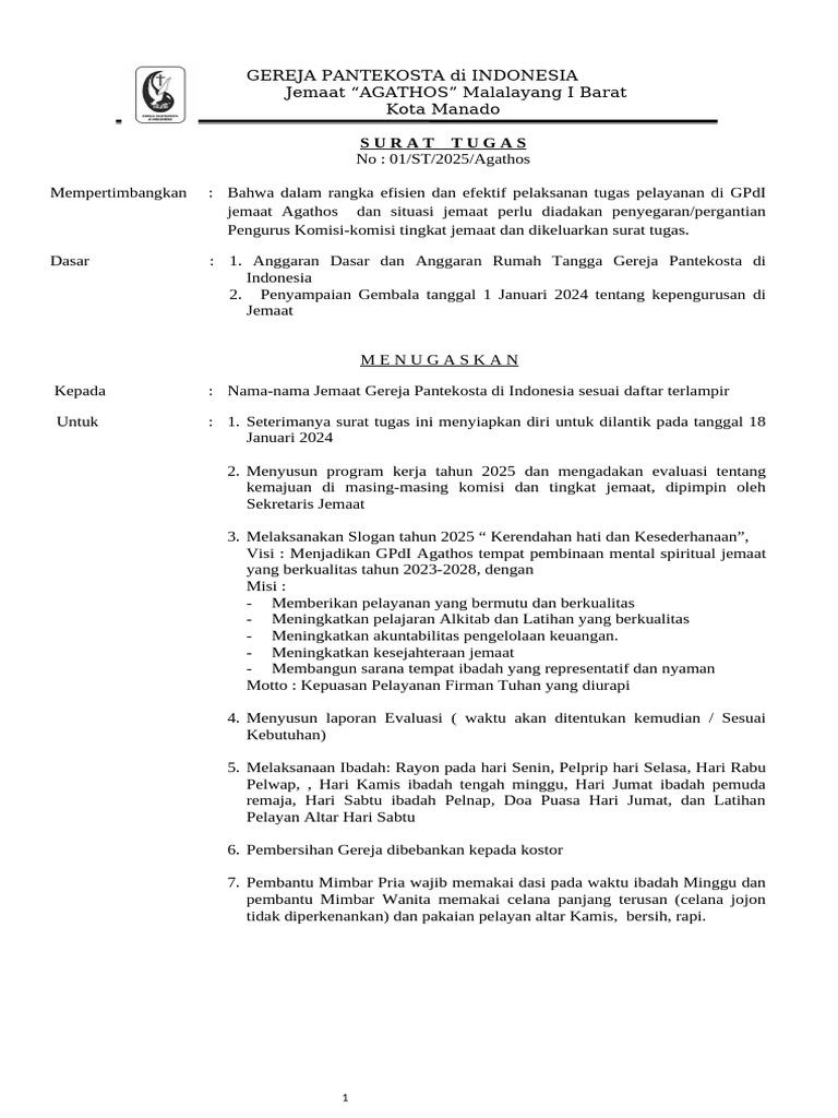 Surat Tugas Jemaat Agathos Manado | PDF