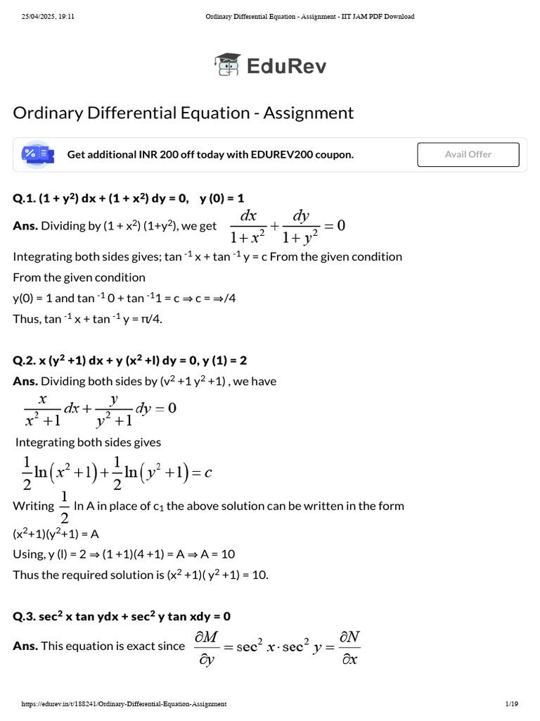 Ordinary Differential Equation - Assignment - IIT JAM PDF Download | PDF | Equations | Tangent