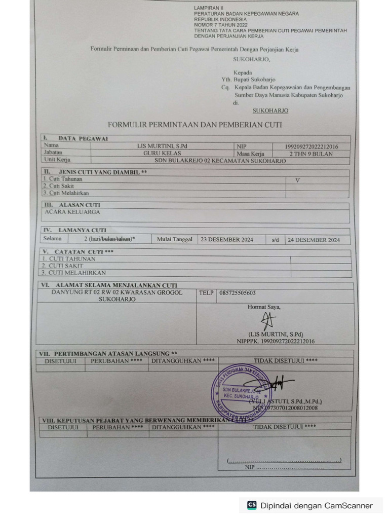 ijin cuti Lis 2 hr | PDF