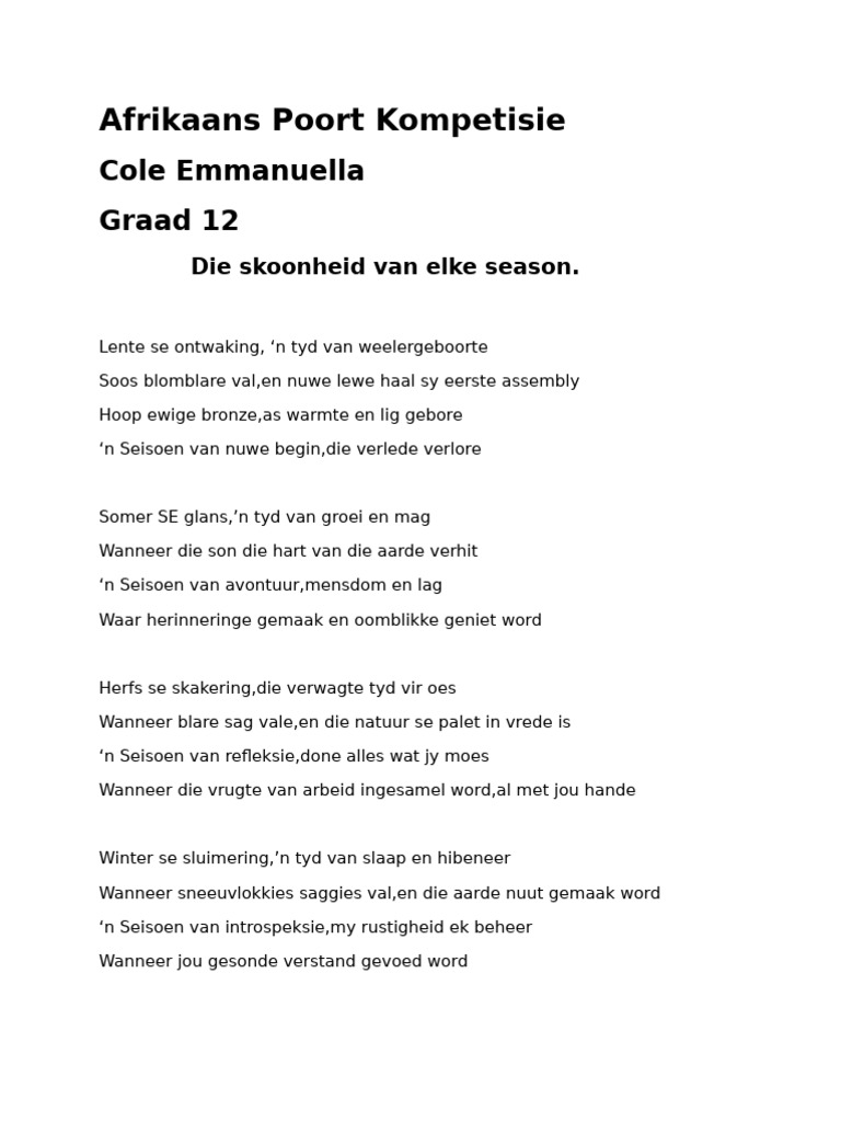 Cole Emmanuella, Afrikaans Poort Kompetisie | PDF