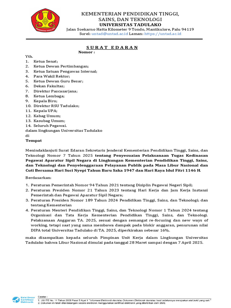 Surat Edaran Libur Nasional | PDF