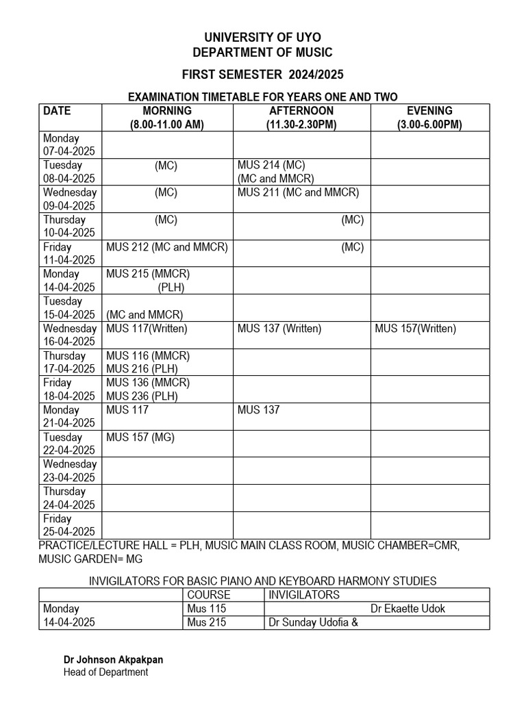 EXAMINATION TIME TABLE-FIRST SEMESTER 2024 2025 Years One and Two A ...