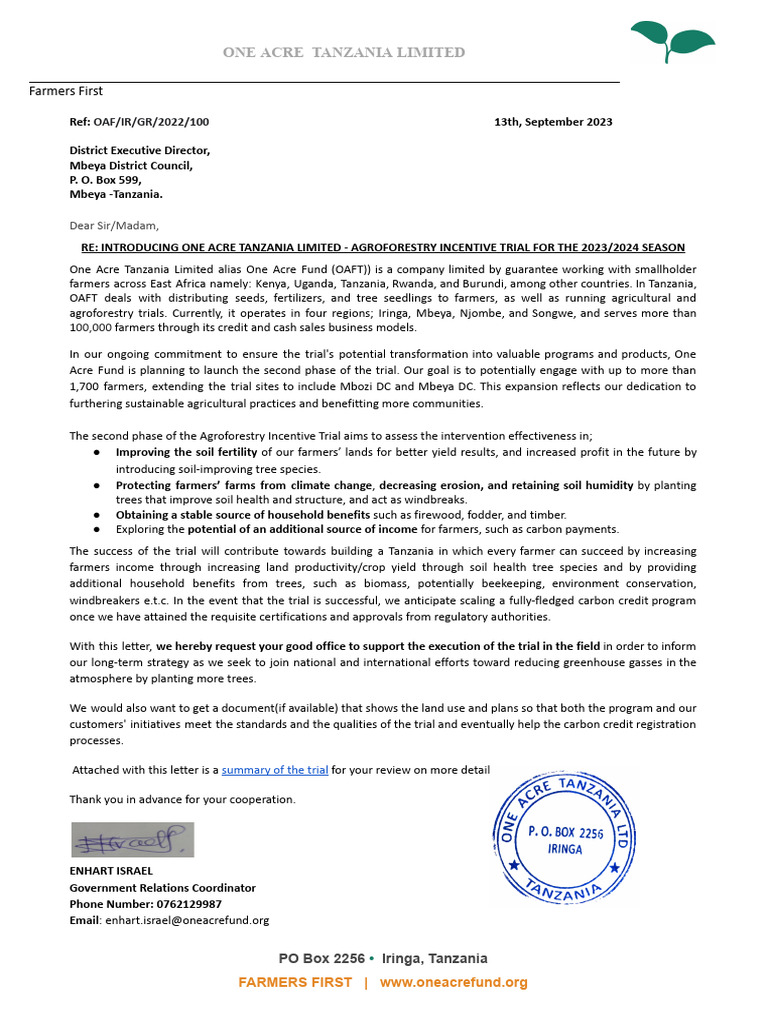 23MM - CC - Introduction Letter - Mbeya Region | PDF | Earth Sciences ...